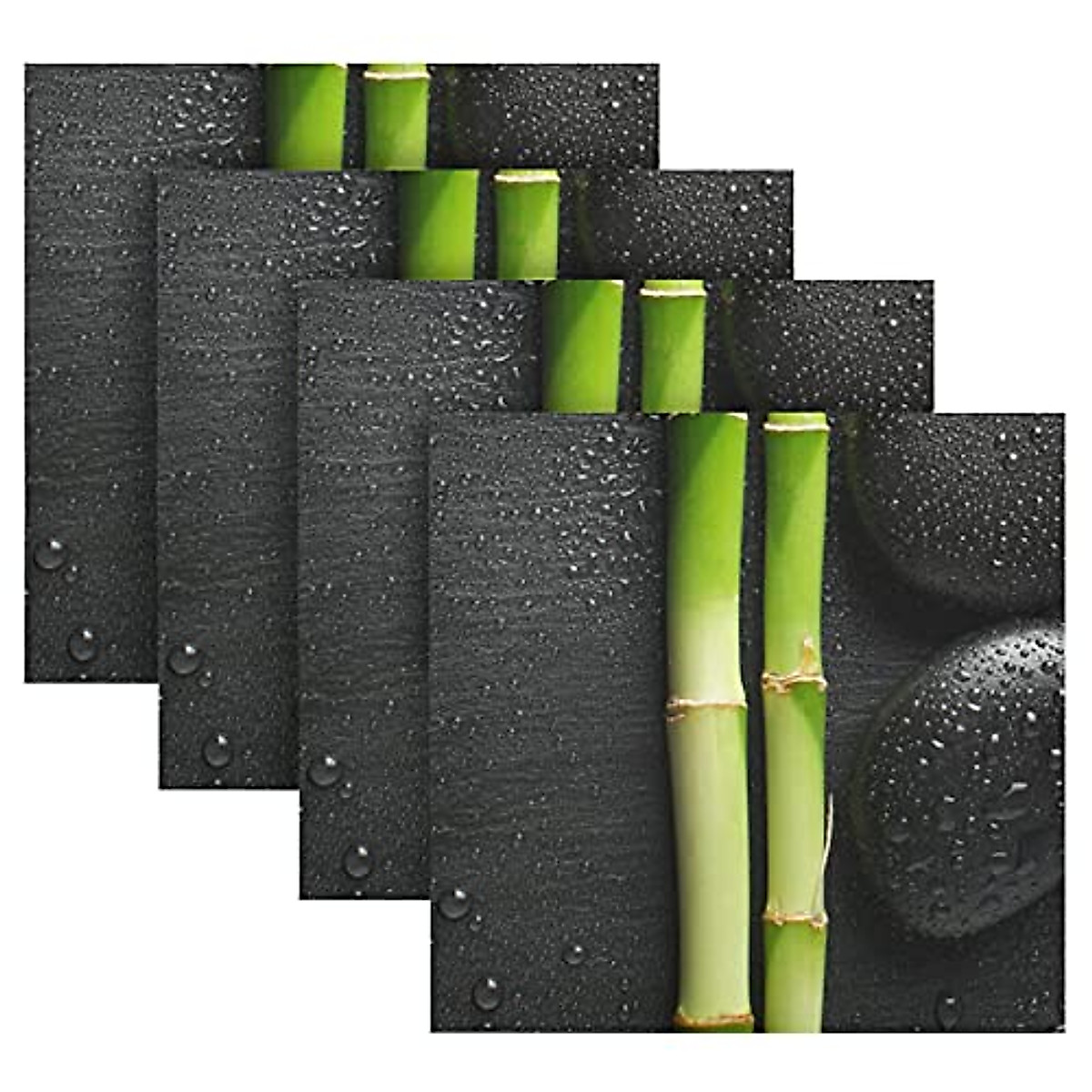Black Zen Basalt Stones with Dew Green Bamboo on Dark Dinner Cloth Napkin, Set of 1 Oversized Reusable Table Napkins, Washable Premium Fabric with Hemmed Edges for Wedding Parties