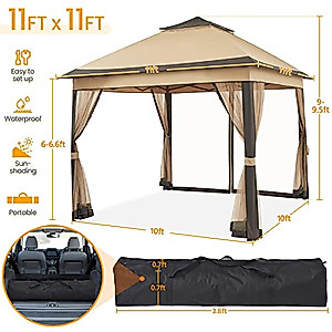 Yaheetech 11'x11' Pop Up Gazebo Outdoor Canopy Shelter Instant Pop Up Patio Gazebo Sun Shade Gazebo Canopy Tent with Double Tiers and Mesh Netting, for Lawn, Garden, Backyard and Deck (Khaki&Brown)