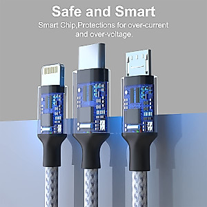 Multi 3 in 1 USB Long iPhone Charging Cable, 1.8M/5.9Ft Nylon Braided Universal Phone Charger Cord USB C/Micro USB/Lightning Connector Adapter for Android/Apple/Samsung/LG/Pixel/Huawei/XiaoMi(Gray)