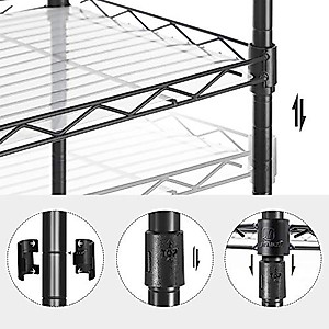 SONGMICS Kitchen Metal Shelves, 5-Tier Wire Shelving Unit with 8 Hooks, Narrow Storage Rack with PP Shelf Liners, Height-Adjustable, for Bathroom, Pantry, Black ULGR115B01
