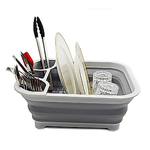 SAMMART 8.5L (2.2 Gallon) Collapsible Dish Drainer with Swivel Spout - Foldable Drying Rack - Portable Dinnerware Organizer - Space Saving Kitchen Storage Tray (1, Grey)