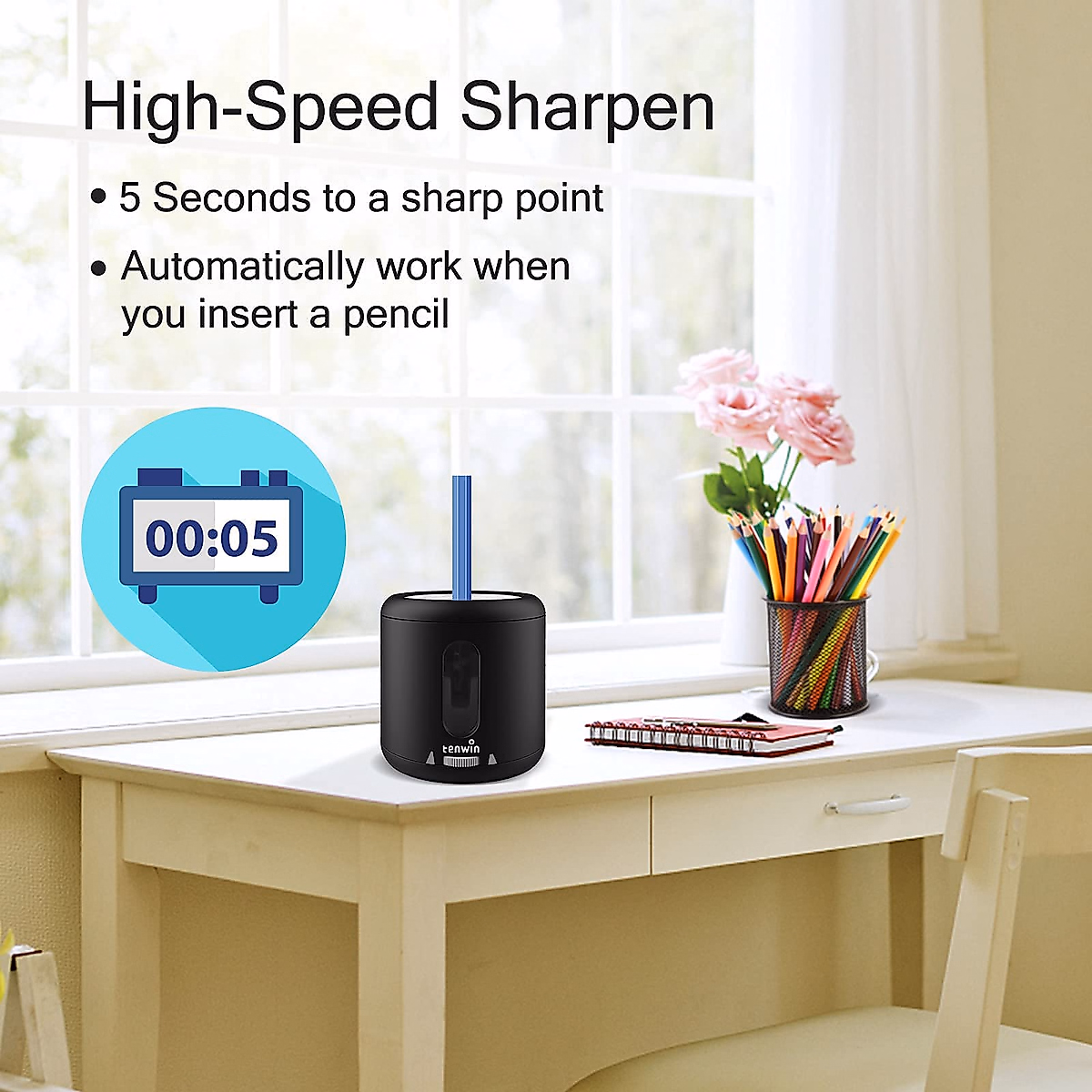 tenwin Electric Pencil Sharpener,Battery Powered and Portable Pencil Sharpeners Kid, Blade to Fast Sharpen,Suitable for NO.2/Colored Pencils(6-8mm), School/Classroom/Office/Home