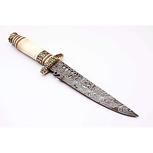 Handmade Damascus Steel Knife - Damascus Steel 14” Inches Knife - Hunting Knife - Camel Bone Brass Spicer Handle – Outdoor Camping Survival Knife - Beautiful Knife - Camel Bone Brass