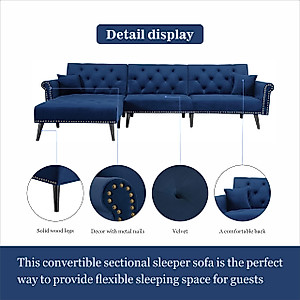 POCIYIHOME Sectional Sofa Right Hand Facing Velvet Button Tufted, L Shape Chaise with Nail Head Detail, Conical Wood Leg, 2 Pillows, Modern & Elegant, Home Furniture for Living Room,Office, Navy Blue