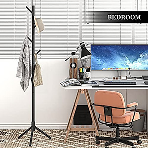 NicQliear Wooden Freestanding Coat Rack with 9 Hooks, Adjustable Coat Rack Stand 69.3" to Hang Clothes/Bags/Hats, Standing Coat Tree Perfect for Bedroom/Entryway/Hallway, Easy Assembly, Black