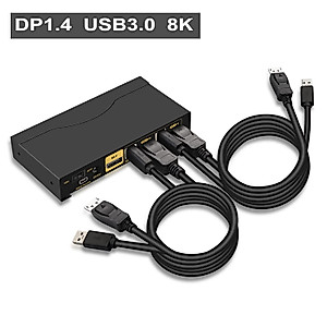 CKLau 2 Port USB 3.0 Displayport KVM Switch DP 1.4 for 2 Computers Support 4K@144Hz, 8K@30Hz with Audio and Cables Supports Keyboard Mouse Switching