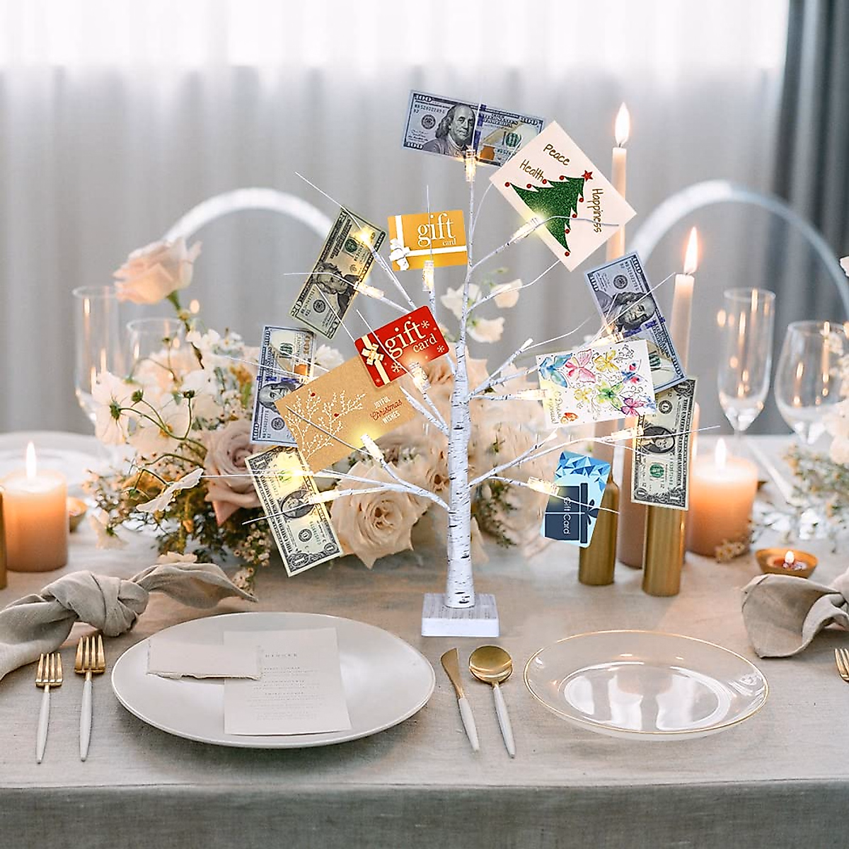 DECORKEY Money Tree Gift Holder, 24" 2FT Birch Tree with LED Lights, Battery Powered Timer Display Trees Stands with 12 Clear Clips Card, for Christmas, Birthday, Wedding, Photo, Graduation (White)