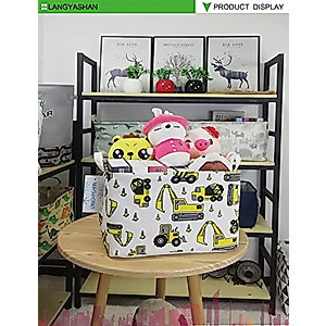 LANGYASHAN Rectangular Storage Bin Collapse Canvas Fabric Cartoon Storage Basket with Handles for Organizing Home Kitchen Boys and Girls Toys Office Closet Shelf Baskets (Rec Engineering Vehicle)