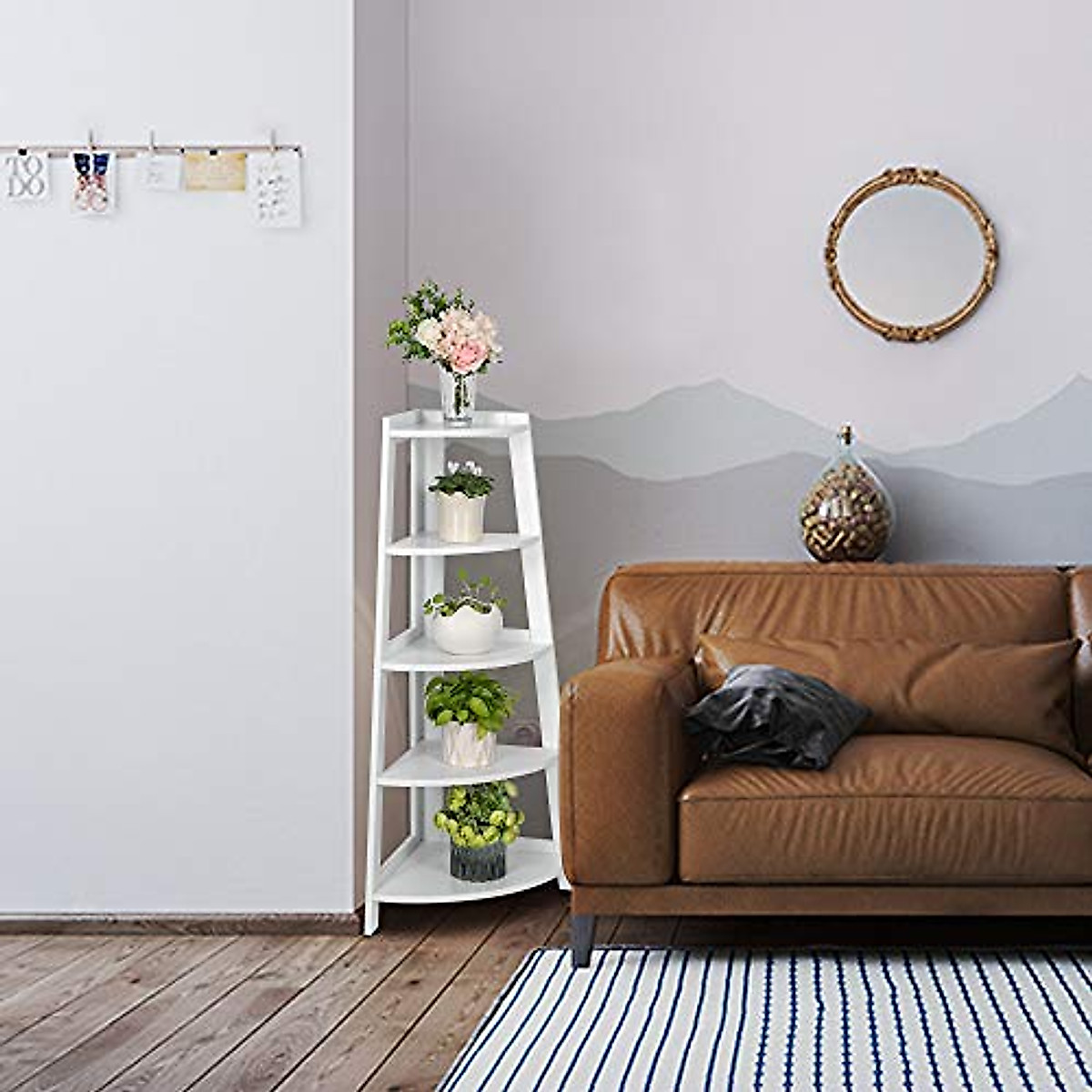 5 Tier Rustic Corner Shelf Stand, Industrial Small Bookcase Corner Ladder Shelf Plant Stand for Living Room, Kitchen, Home Office (White)