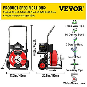 VEVOR Drain Cleaner Machine 100 Ft x 3/8 Inch Auto Feed Drain Cleaning Machine Fits 1 to 4 Inch Pipes, Portable Drain Auger Cleaner with 8 Auger Bits, Electric Drain Auger Plumbing Tool