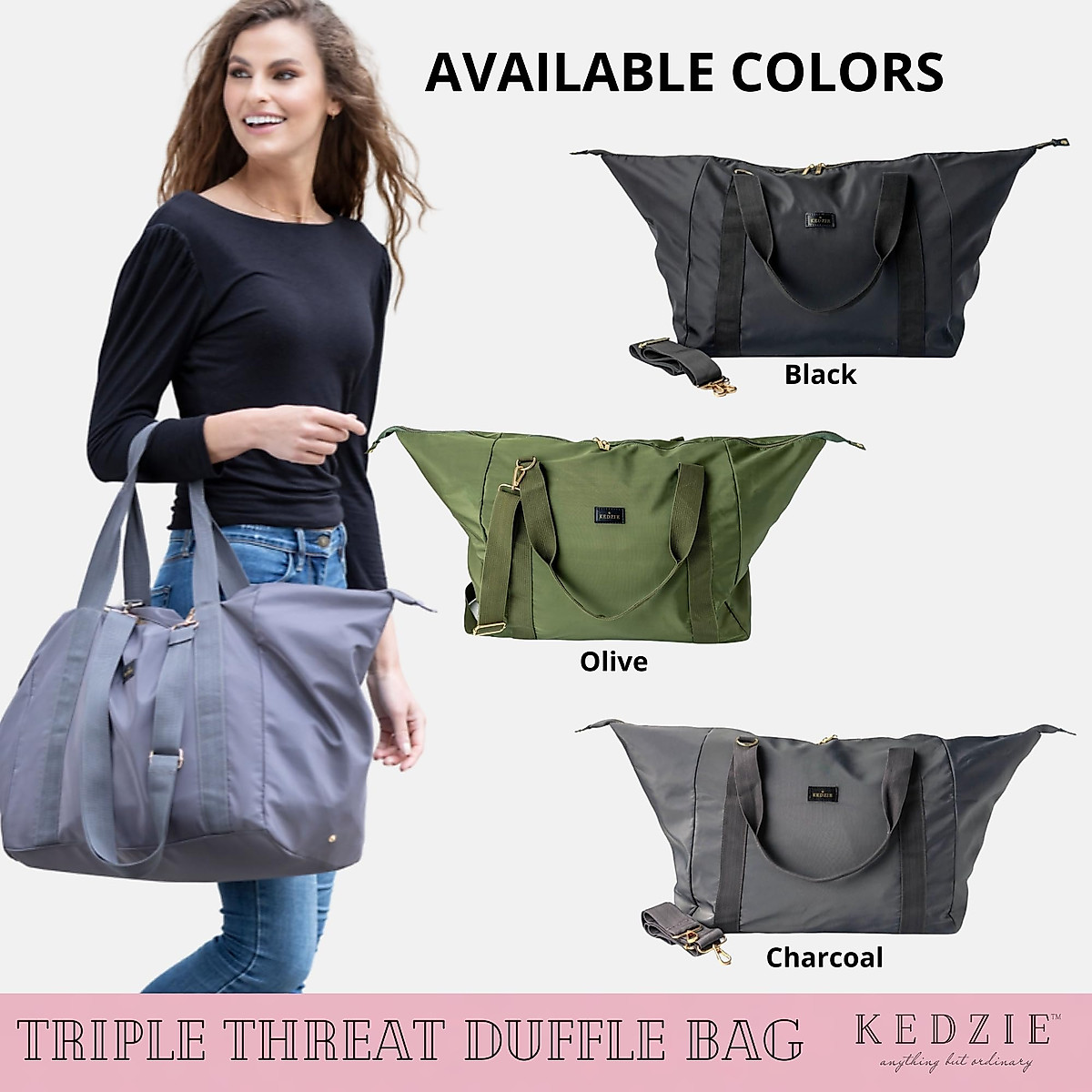KEDZIE Triple Threat Foldable Duffle Shoulder Bag for Women with Adjustable Removable Shoulder Strap - Black