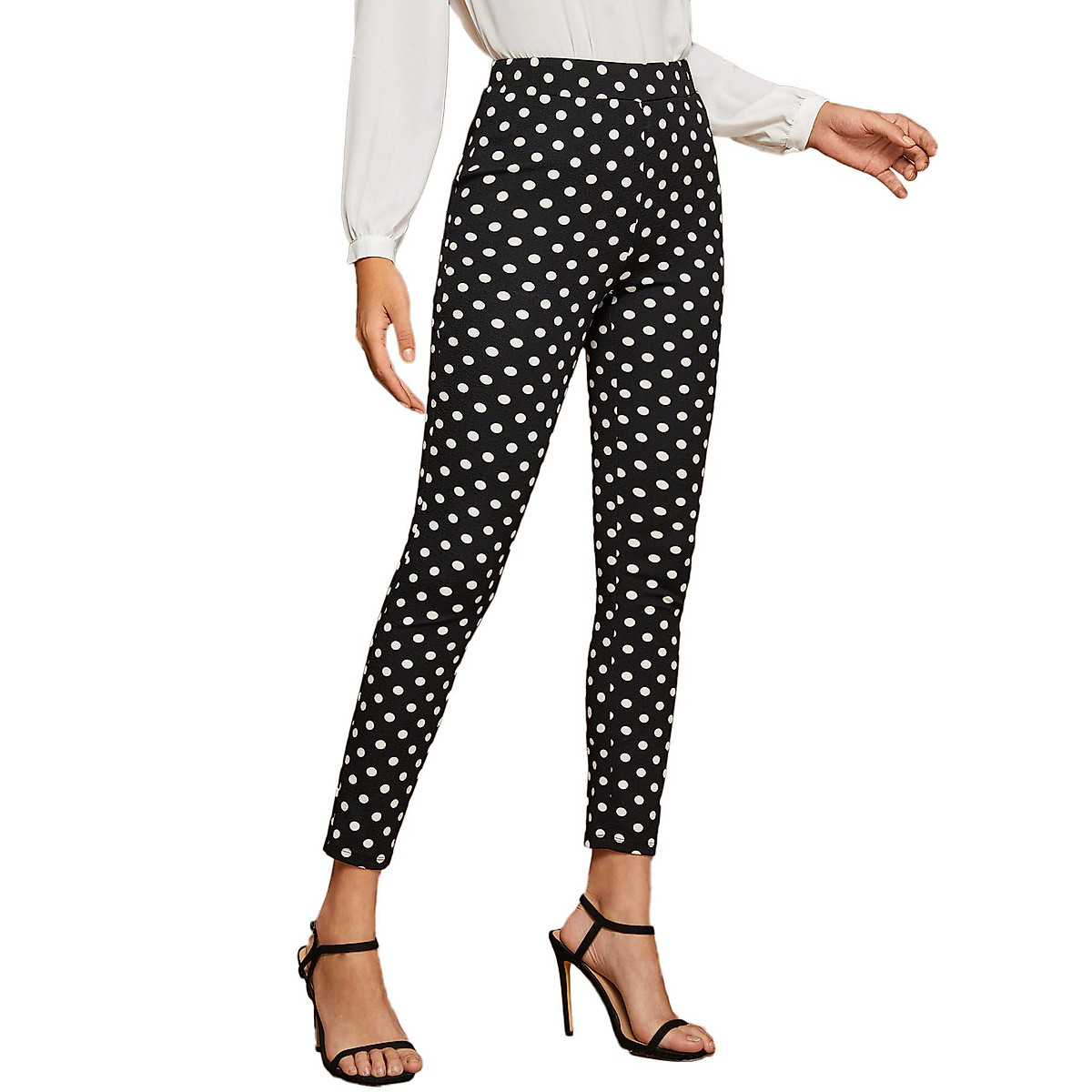 SweatyRocks Women's Casual Skinny Leggings Stretchy High Waisted Work Pants Black White Polka Dot Small
