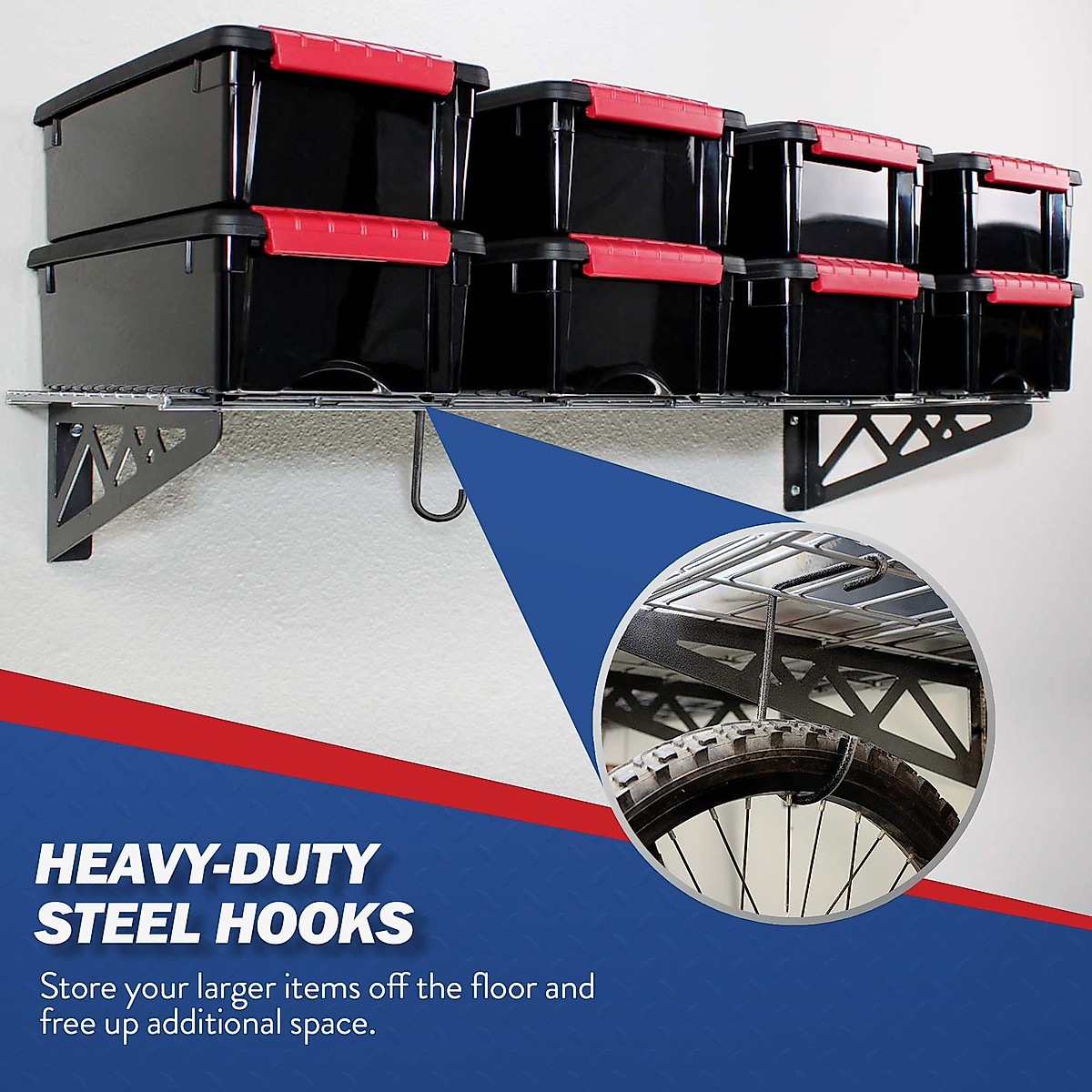 SafeRacks Wall Shelves - 4 Pk 24"x48" Wall Mountable Shelving Unit for Storage Rack, Pantry Shelves, Utility Shelving, Heavy Duty Shelves w/8 Accessory Hooks, 500lbs Capacity, Hammertone