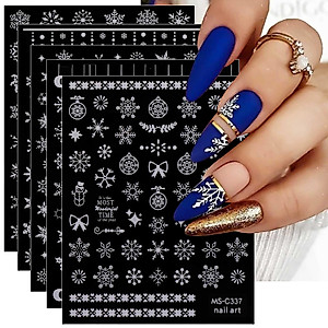 JMEOWIO 9 Sheets Christmas Nail Art Stickers Decals Self-Adhesive Pegatinas Uñas Snowflake Xmas Winter Holiday White Nail Supplies Nail Art Design Decoration Accessories