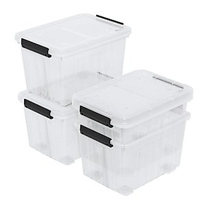 Zopnny 30 Quart Plastic Stacker Box, Large Storage Bin Container with Latching Lids and Wheels for Home and Garage Organizing, Shoes, Tools, Clear Base, 4-Pack