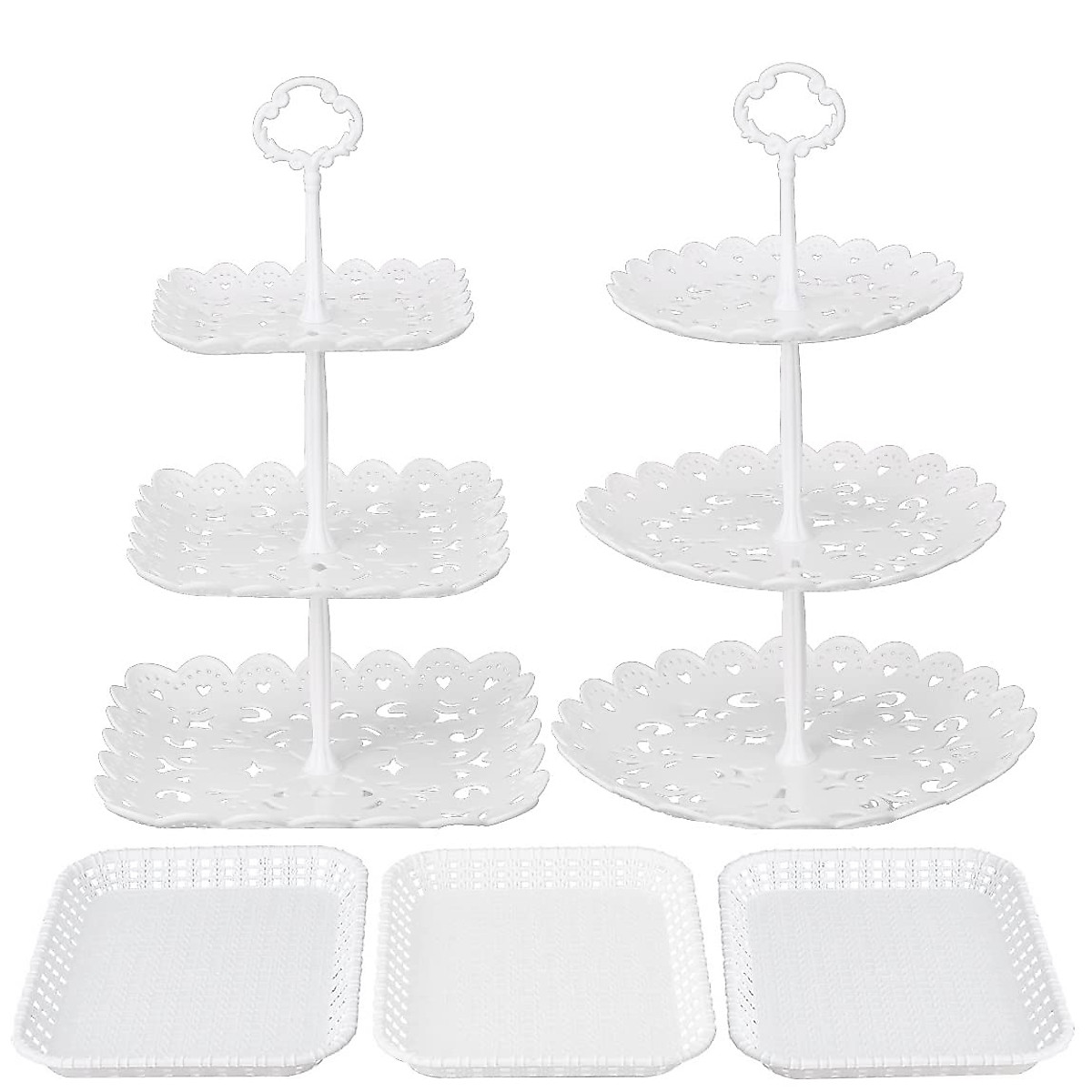 Set of 5 Dessert Stand Set, 3 Tiers White Plastic Cupcake Stand Holder & Rectangle Plastic Party Serving Trays/Platters for Wedding Birthday Baby Shower Tea Party Buffet (Rectangular)