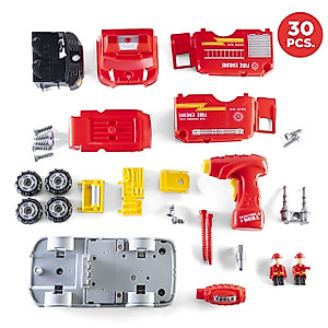 PREXTEX Take Apart Toy with Working Drill for Boys & Girls, Build Your Own Fire Truck Toy Educational Playset with Tools and Power Drill, DIY Assembly Truck with Realistic Sounds & Lights