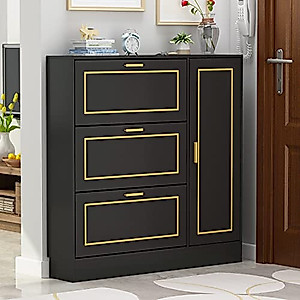 FUFU&GAGA Shoe Cabinet with 3 Flip Drawers & 1 Storage Cabinet, Modern Shoe Storage Cabinet for Entryway, Freestanding Shoe Rack Storage Organizer (Black, 47.2”W x 9.5”D x 47.2”H)