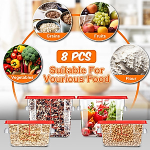 Suclain 8 Pcs Food Storage Container with Lids Set 2qt and 4qt Square Clear Commercial Containers with Scales Handles for Home Restaurant Kitchen Food Storage, Marinating Meat, Proof Dough (Red)