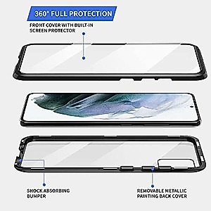 QUIETIP Compatible for Samsung Galaxy S21 Case,Magnetic Metal-Clear Glass Case,Thin Body Metal Frame Double-Sided Tempered Glass with Built-in Screen Lens Protect,Black