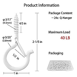 BEHENO 24 PCS Screw Hooks for Outdoor String Lights, Q Hanger Ceiling Hooks for Hanging Plants Christmas Lights, Cup Eye Hooks with Safety Buckle, 2.2 Inches