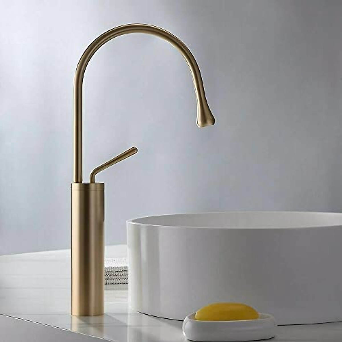 Luxury High Arc Single Handle One Hole,Tall Modern Bathroom Vessel Sink Faucet, Solid Brass Lavatory Vanity Faucet, Free Pop Up Drain Assembly and Water Hoses. cUPC Certified (Brushed Gold)