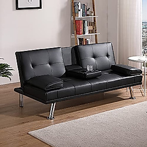 Woanke Black Leather Multifunctional Double Folding Sofa Bed with Coffee Table, Loveseat for Small Space, Apartment, Dorm, Living Room, Office