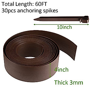 AGTEK 60FT Plastic Landscape Edging Coil Kit 4in. High Terrace Board Garden Edging Border Lawn Edging Roll for Flower Bed Lawn Yard, Black with 30 Spikes,3mm Thin, Brown