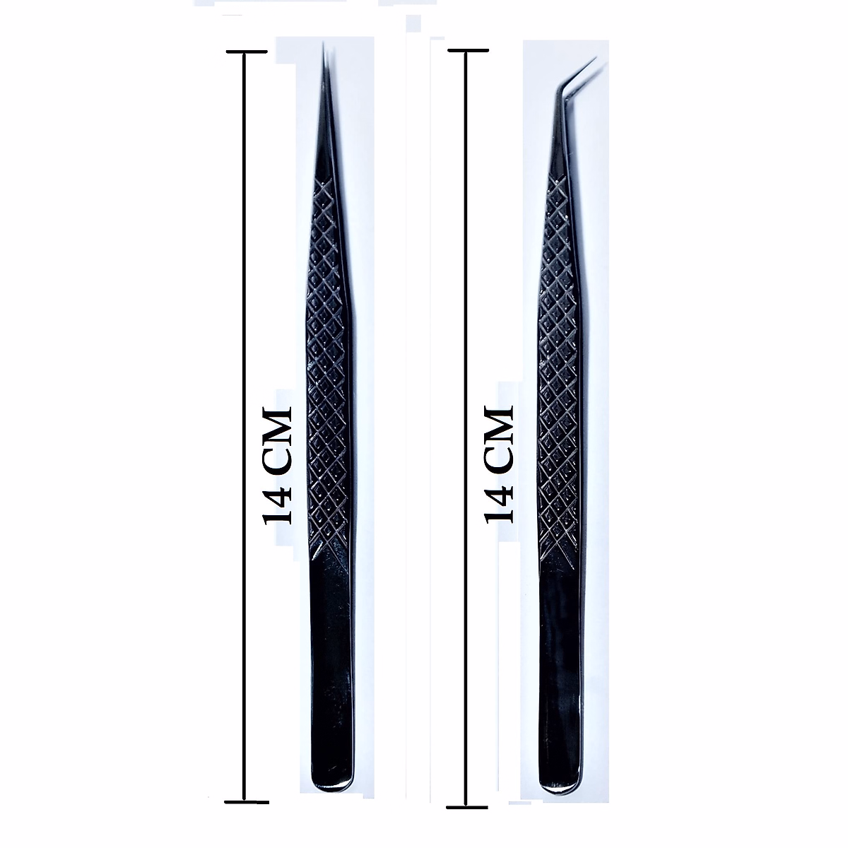Lash Tweezers for Eyelash Extensions | Stainless Steel - Diamond Grip Straight & 45 Degree Volume | Tip with Free Mirror for Women, Makeup, Lashing, Fans Professional Tool Kit 14 cm Black