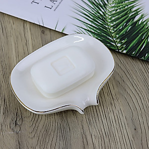 Polyroyal White Soap Dish Ceramic Self Draining Soap Dish Waterfall Slot Gold Edge Bathroom Accessories for Bathroom, Kitchen,Bar Counter