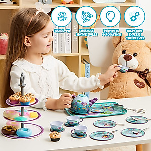 JOYIN 35Pcs Mermaid Tea Party Set for Little Girls, Pretend Tin Teapot Set, Princess Tea Time Play Kitchen Toy with Dessert, Doughnut, Carrying Case for Birthday Easter Gifts Kids Toddlers Age 3 4 5 6