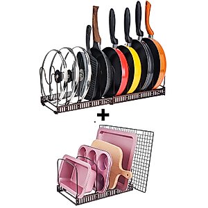 Toplife Adjustable 10+ Pans Organizer Rack + 7+ Lids Organizer Rack for Kitchen Cabinet and Counter, Brown