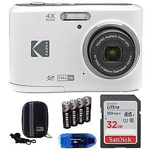 KODAK Pixpro FZ45 Digital Camera Bundle, Includes: SanDisk 32GB Memory Card, Spare Batteries, Hard Shell Camera Case and Card Reader (5 Items) (White)