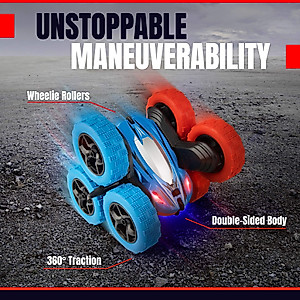 Force1 Crawler 6 Remote Control Car for Kids - 6 Wheeled RC Car Double Sided Driving with LEDs, 360 Flips, All Terrain RC Crawler Wheels, and 2.4 GHZ Remote Control, Red/Blue