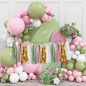 25PCS Sage Green Dusty Pink Boho Tissue Tassel Garland Banner Hanging Backdrop Classroom Nursery Girl Baby Shower Wedding Bridal Shower Birthday Jungle Safari Party Décor