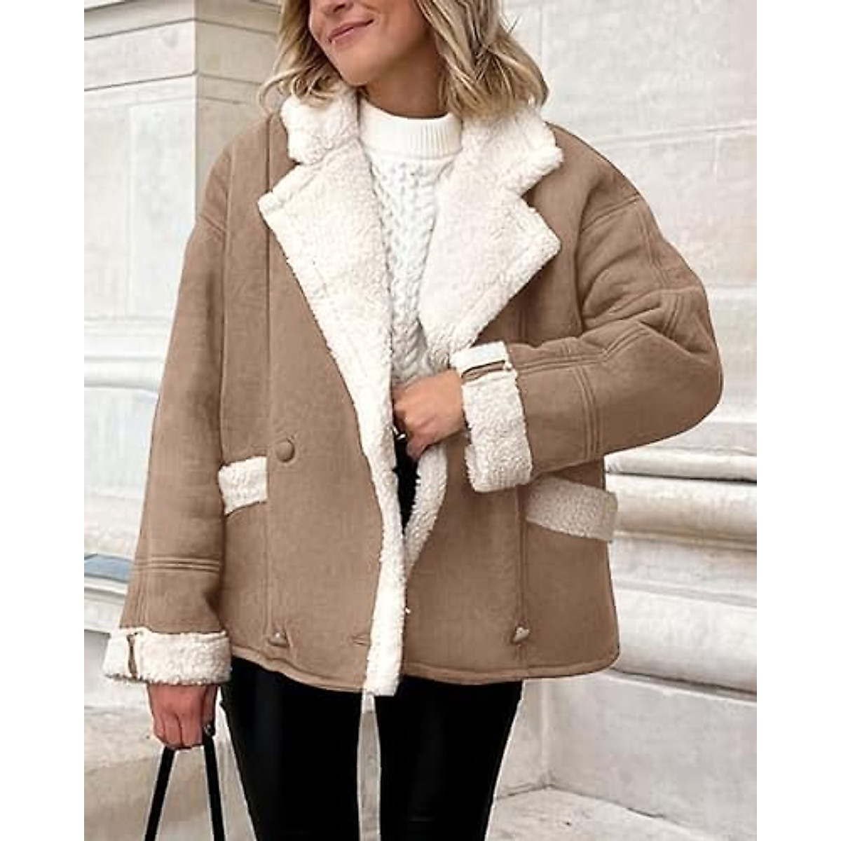 PRETTYGARDEN Womens 2024 Winter Suede Coats Fleece Sherpa Lined Jacket Faux Fur Lapel Pockets Warm Fall Fashion Outerwear (Camel,X-Large)