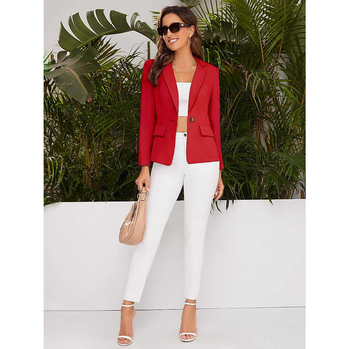 WDIRARA Women's Casual Long Sleeve Blazer Lapel Business Work Dress Jackets Red XS