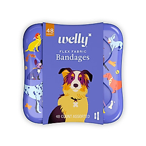 Welly Bandages | Adhesive Flexible Fabric Bravery Badges | Assorted Shapes for Minor Cuts, Scrapes, and Wounds | Colorful and Fun First Aid Tin | Dogs Patterns - 48 Count