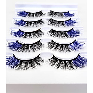 MISSLADY 16mm 5 Pairs Pack 3D Faux Mink Eyelashes with Blue Ends Colored Lashes (FM-204, 8-16mm, Black with Blue Ends, 5 Pairs)