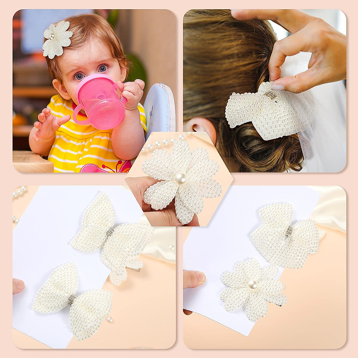 Chuangdi 4 Pieces White Rhinestone Hair Bows for Girls, Cute Pearls Hair Bow with Alligator Hair Clips Beads Hairgrip for Women Baby Teens Toddlers Children Hair Styling