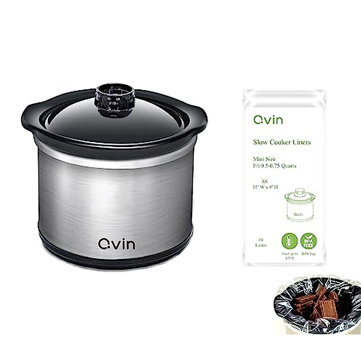 Qvin 0.65-qt Mini Round Slow Cooker 1pc + 10pcs Disposable Liners, Fondue Melting Pot Warmer with Dishwasher-safe Stoneware Crock, Glass Lid, Stainless Steel housing, BPA Free