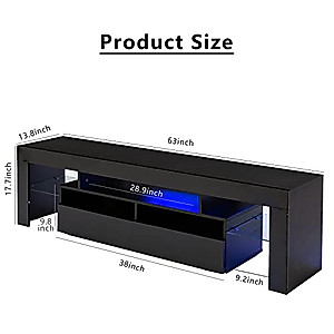 SUSSURRO LED TV Stand for 60/65/70 inch TV, Modern Gloss Entertainment Center with Drawer and Glass Open Shelf, Television Table Center Media Console for Living Room Bedroom， Black