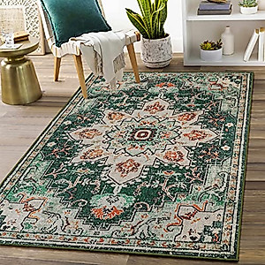 Morebes Ultra-Thin Washable Green Rug 3x5, Large Boho Entryway Office Rug Non-Slip Kitchen Mat Persian Laundry Accent Rug Distressed Oriental Christmas Carpet for Living Room Mushroom