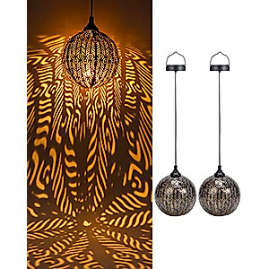 Solar Outdoor Lights Garden Decor - OxyLED 2Pack Hanging Light Lanterns Decorations Waterproof Decorative Powered Retro Metal Moroccan Lantern Chandelier for Outside Patio Yard Porch Tree Christmas