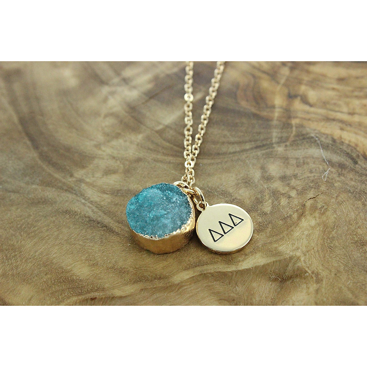 Sorority Shop DDD Necklace - Delta Delta Delta Light Blue Druzy Gemstone Necklace With Engraved Pendant – 14K Gold Dipped Jewelry with Light Blue Gemstone – Sorority Gift, Charm Paraphernalia