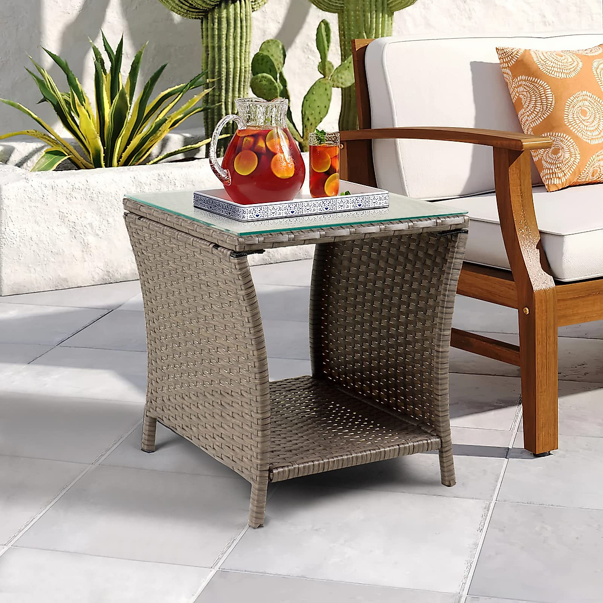 PHIKOOVA Outdoor Wicker Side Table Patio Coffee Table Wicker Bistro End Table Outdoor Square Tempered Glass Top End Table All Weather Metal Rattan Furniture Table with Storage,Light Brown