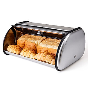 Deppon Bread Box for Kitchen Countertop, Extra Large Capacity Holds More Than 2 Loaves, Matte Stainless Steel Bread Storage Bin Container with Roll up Lid, Fingerprint Proof, 17.5 x 11 x 7.5 Inches
