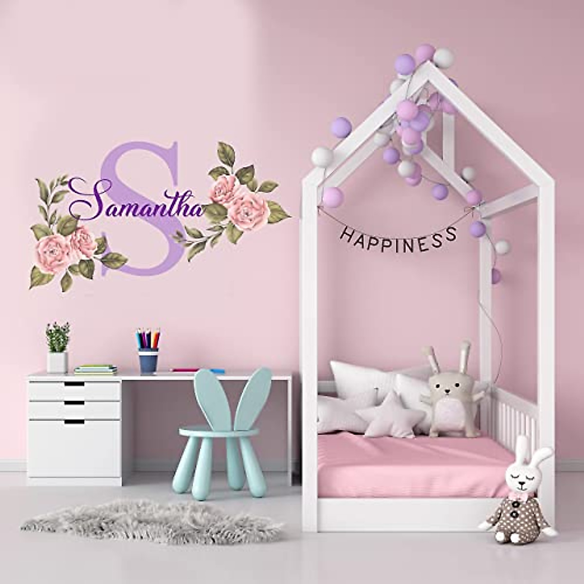 Name and Initial Peonies Wall Decal - Kids Wall Decor - WM33. Custom Name Removable Nursery Wall Decal for Girl - Flower Mural Wall Decal for Girls Bedroom