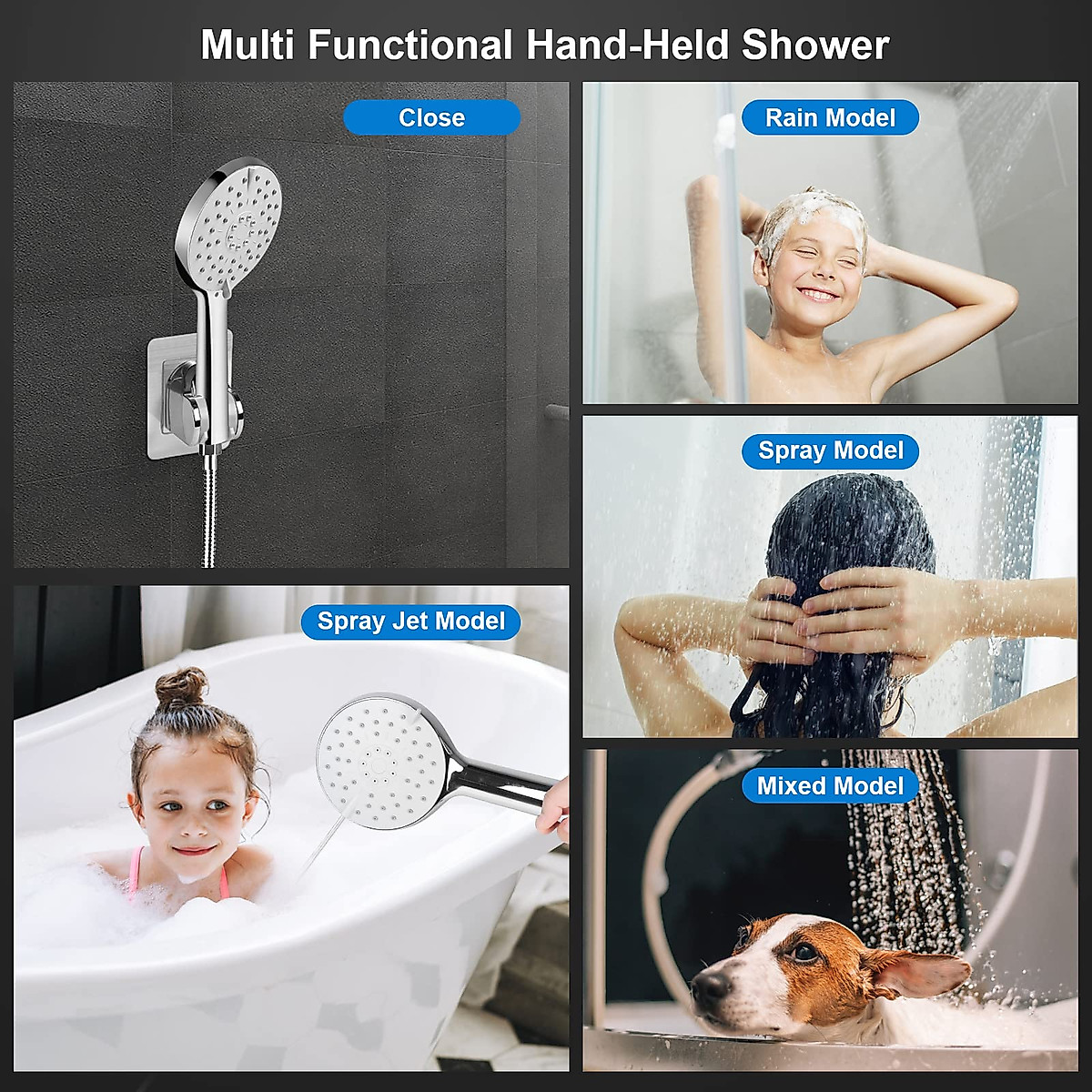 8 '' stainless steel high-pressure shower head, electroplating handheld five gear handheld shower head, 11 inch copper electroplating extended arm, copper electroplating three-way water separator