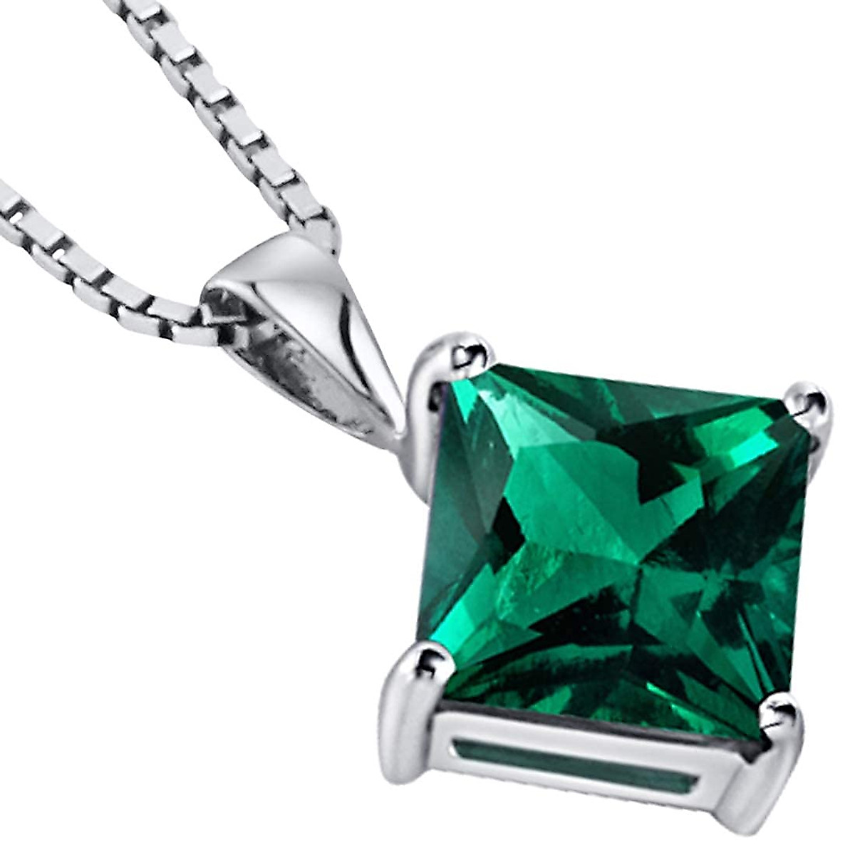 PEORA 14K White Gold Created Emerald Pendant for Women, 2.25 Carats Princess Cut AAA Grade, Classic Solitaire